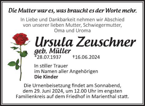 Traueranzeigen von Ursula Zeuschner Märkische Onlinezeitung Trauerportal