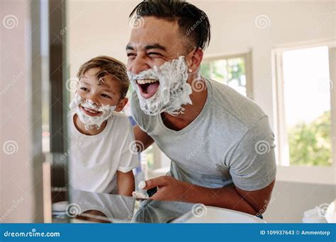 Happy Father And Son Having Fun While Shaving Stock Image Image Of