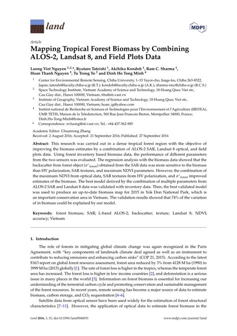 Pdf Mapping Tropical Forest Biomass By Combining Alos 2 Landsat 8 And Field Plots Data