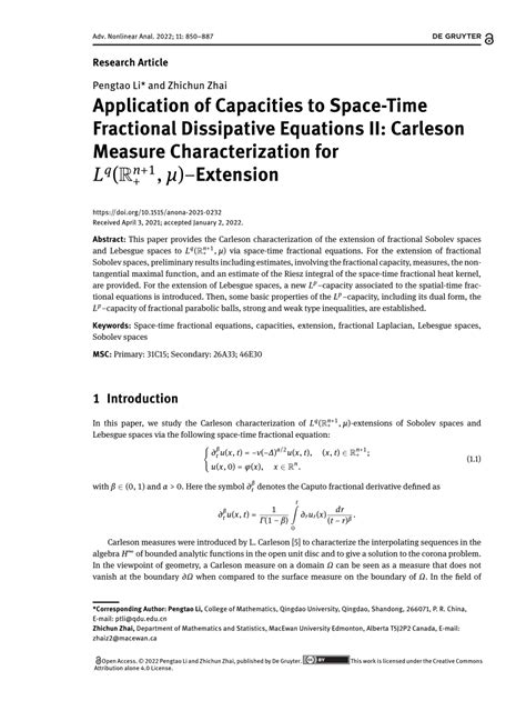 Pdf Application Of Capacities To Space Time Fractional Dissipative Equations Ii Carleson
