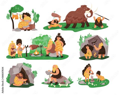 Prehistoric Stone Age Primitive People Life Set Of Vector Illustration