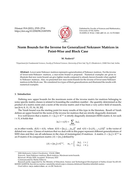 Pdf Norm Bounds For The Inverse For Generalized Nekrasov Matrices In Point Wise And Block Case