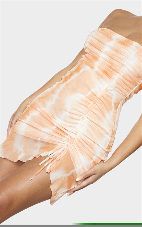 Orange Tie Dye Mesh Ruched Bandeau Bodycon Dress Prettylittlething