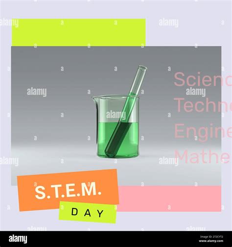 Composite Of Stem Day Text Over Green Chemical In Test Tubes And Flasks On Gray Background Stock