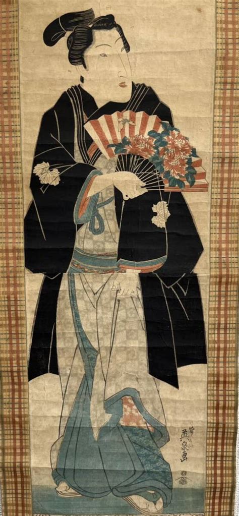 【真作】江戸期 本物浮世絵木版画 渓斎英泉「江戸美人図」長判 二枚続 掛軸 裏打ち 錦絵 保存良い サイズ約24 5cm 69 5cm 箱なし
