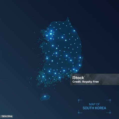 한국 도시와지도 빛나는 점 어두운 배경에 네온 조명 벡터 그림입니다 대한민국에 대한 스톡 벡터 아트 및 기타 이미지 대한민국