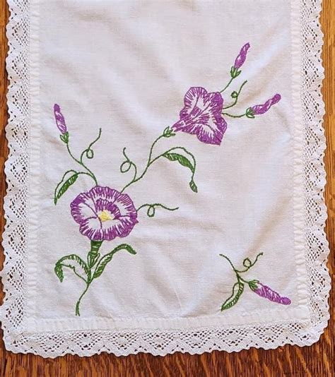 Beautiful Dresser Scarf Table Runner With Hand Embroidered Morning Glories And Crochet Edging