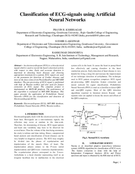 pdf classification of ecg signals using artificial neural networks