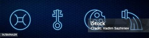 세트 라인 태양의 일식 쌍둥이 자리 조디악 오래된 마법의 열쇠와 물병 자리 벽돌 벽에 빛나는 네온 아이콘입니다 벡터 고풍스런에