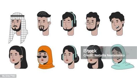 아랍 중동 2d 선형 만화 캐릭터 얼굴 세트 2차 도형에 대한 스톡 벡터 아트 및 기타 이미지 2차 도형 남성 남자 Istock