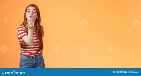 Silly Cute And Flirty Redhead Passionate Girl Send Air Kiss Camera Fold Lips Hold Arm Near