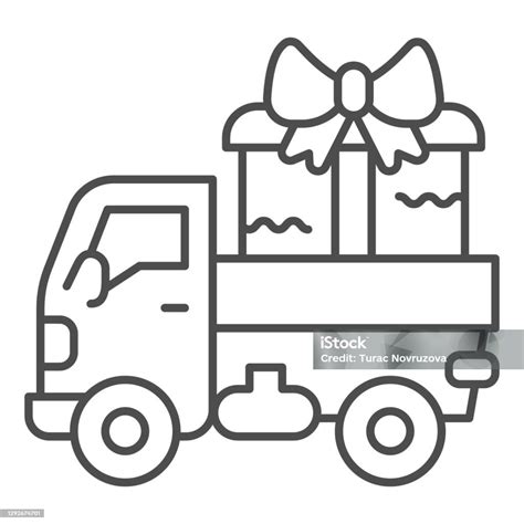 큰 선물 얇은 라인 아이콘 쇼핑 개념 흰색 배경에 큰 선물 기호와 배달 트럭 윤곽 스타일에 큰 선물 팩 아이콘로드화물 트럭 벡터 그래픽 검은색에 대한 스톡 벡터 아트 및