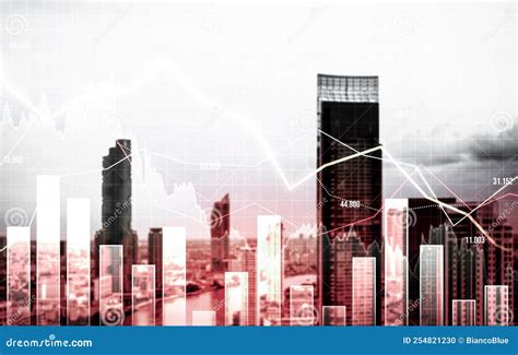 Economic Crisis Concept Graphs Falling Down With Modernistic Urban