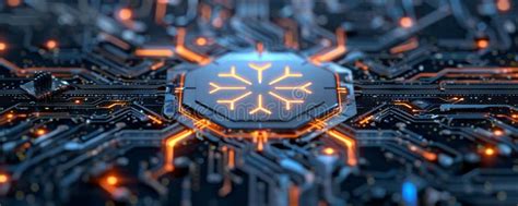 Futuristic Circuit Board With Glowing Orange Lines Highly Detailed Microchip Technology
