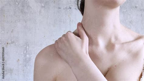 White Woman Hand Massages Muscles Of Neck And Shoulder Self Massage Relieving Muscle Or Nerve