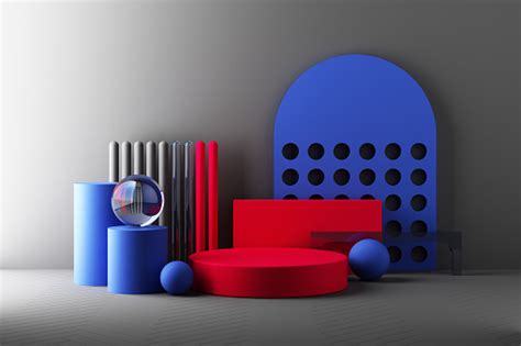 빨간색과 파란색의 그늘에서 직사광선과 최소한의 추상 기하학적 배경 제품 프레젠테이션 3d 렌더링을 위한 빈 연단으로 장면을 선보입니다 0명에 대한 스톡 사진 및 기타 이미지