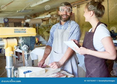 Two Cheerful Carpenters Working In Joinery Stock Image Image Of