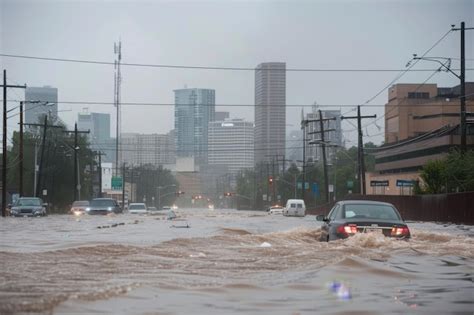 A Car Stuck In A Flash Flood In A City Premium Ai Generated Image