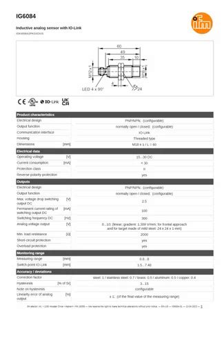 Inductive Analogue Sensor With Io Link Ig6084 Igk4008a2pkgious At