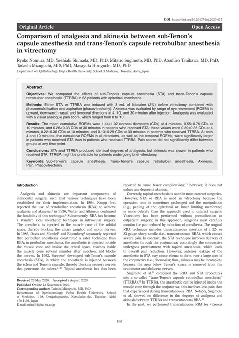 Pdf Comparison Of Analgesia And Akinesia Between Sub Tenons Capsule Anesthesia And Trans