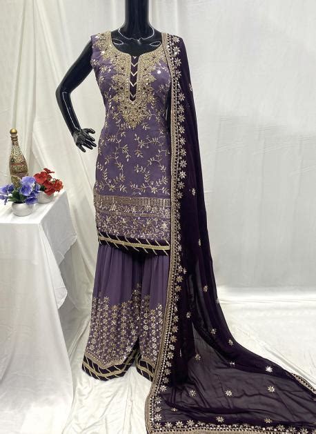Buy Georgette Purple Wedding Wear Hand Work Readymade Sharara Suit