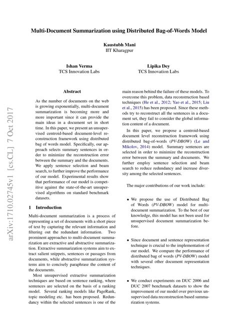 Multi Document Summarization Using Distributed Bag Of Words Model Deepai