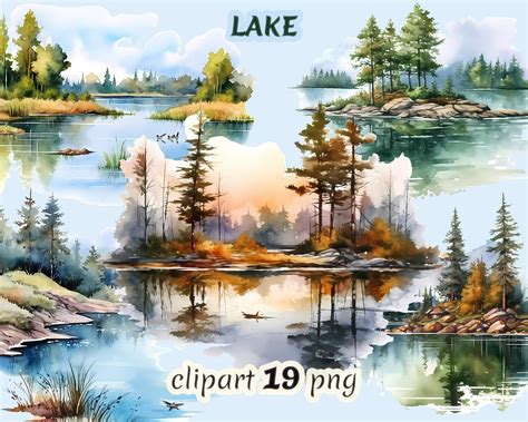 Watercolor Lake Clipart Tranquil Waters Island With Trees Etsy