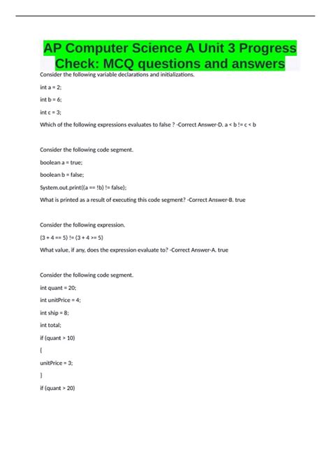 AP Computer Science A Unit 3 Progress Check MCQ Questions And Answers AP Computer Science