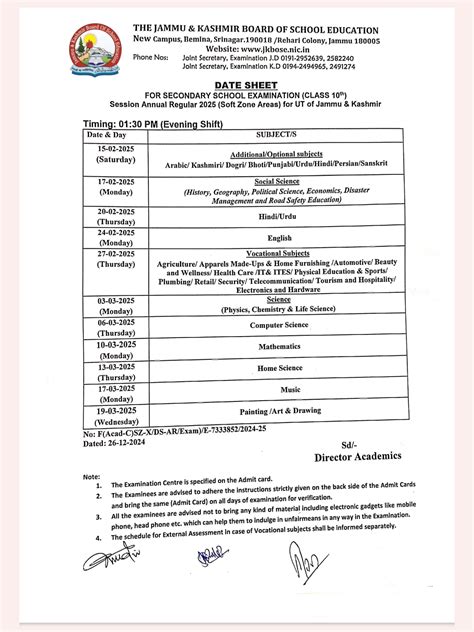 Jkbose 10th Class Datesheet 2025 Released Now Download Link