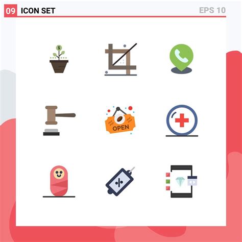 Pictogram Set Of 9 Simple Flat Colors Of Auction Map Coding Phone