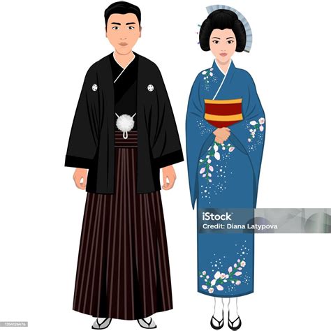 민속 국가 일본 의상을 입은 여성과 남자 벡터 일러스트레이션 남자에 대한 스톡 벡터 아트 및 기타 이미지 남자 기모노