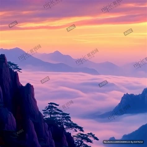 Ai创作图迎客松日出 飘渺远山云雾风景画 唯美三清山 松涛映红 日出东方壁纸 奇松怪石云海 一轮红日出东方迎客松 朝霞云海山脉 迎客松仙境
