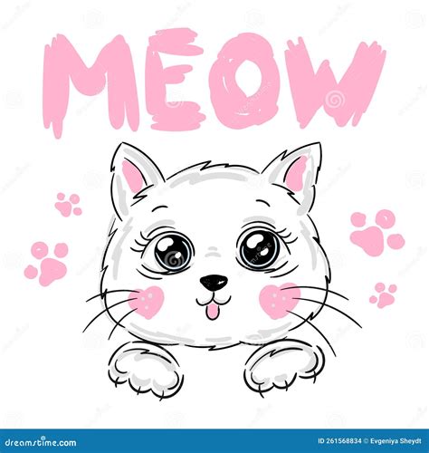 Cute Cat Portrait With Pink Paws And Slogan Meow Lettering Hand Drawn