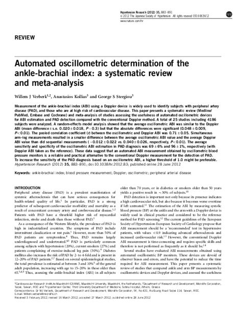 Pdf Automated Oscillometric Determination Of The Ankle Brachial Index A Systematic Review And
