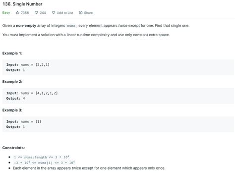 Leetcode 136 Single Number Tseng Chia Ching Medium