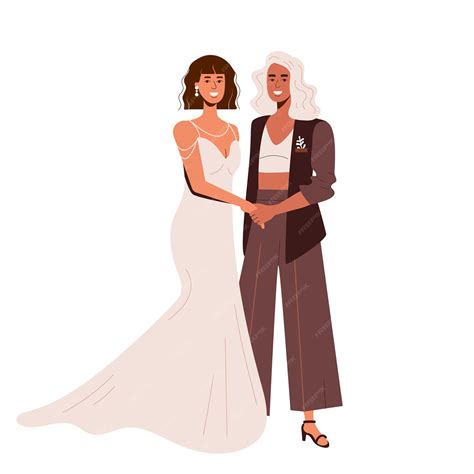 Chicas Lesbianas Enamoradas Con Traje Y Vestido Blanco Ceremonia De