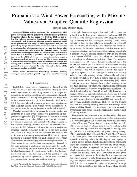 PDF Probabilistic Wind Power Forecasting With Missing Values Via Adaptive Quantile Regression