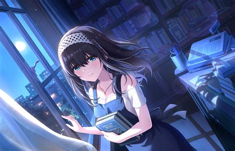 Safebooru 1girl Bare Shoulders Black Hair Blue Eyes Blush Book Book