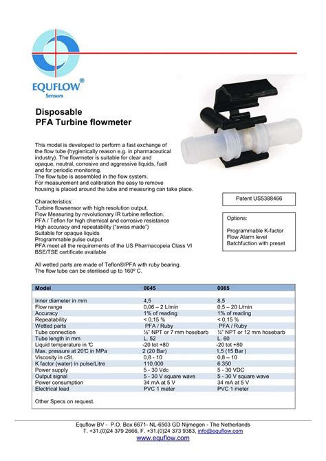 Disposable Pfa Flow Meter Datasheet Process Pumps