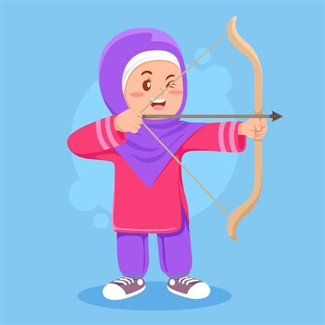 양궁 스포츠 그림을 하 고 귀여운 이슬람 소녀 프리미엄 벡터