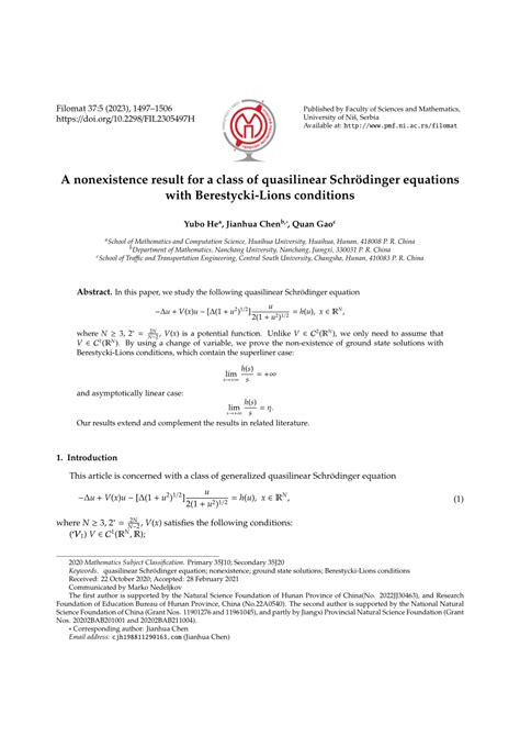 Pdf A Nonexistence Result For A Class Of Quasilinear Schrödinger Equations With Berestycki