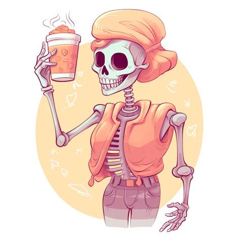 Cartoon Skeleton Holding A Cup Of Coffee And A Drink Generative Ai