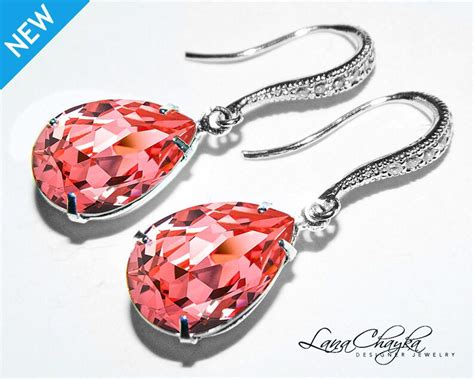 Rose Peach Coral Crystal Earrings Rose Peach Teardrop Silver Etsy