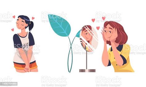 자기 사랑 여자 캐릭터는 자신의 외모 반사 벡터 세트에 기뻐하며 거울을 보고 자신을 감탄합니다 한 명의 여자만에 대한 스톡 벡터 아트 및 기타 이미지 Istock