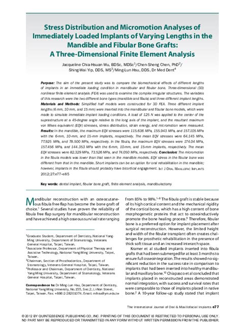 Pdf Stress Distribution And Micromotion Analyses Of Immediately