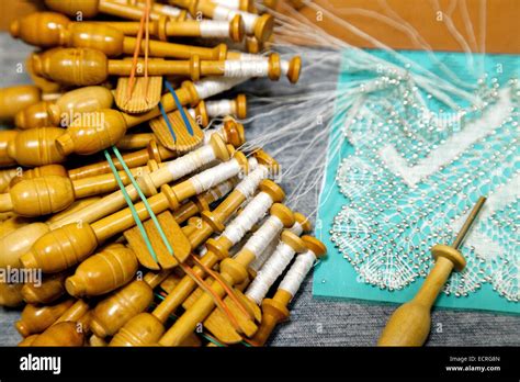 Bobbins And Lace Making Equipment Bruges Belgium Europe Stock Photo