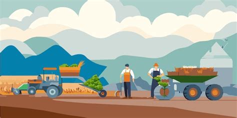 Famer Workers Harvesting Crops Vector Illustration Premium Ai