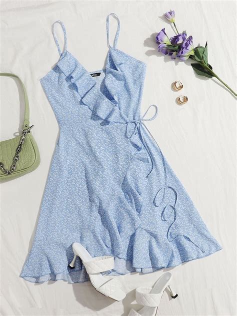 Ruffle Trim Wrap Tie Side Ditsy Floral Slip Dress Floral Slip Dress