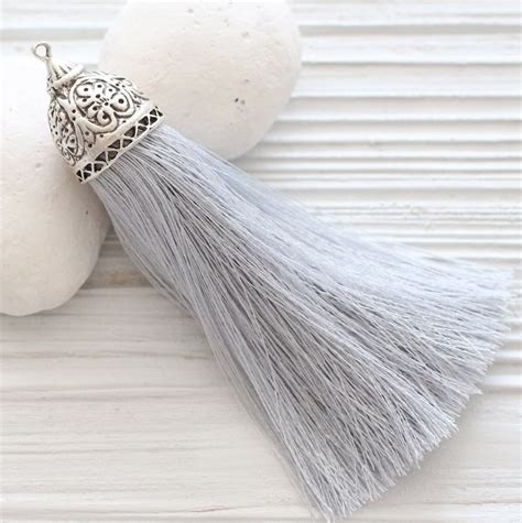 Extra Large Gray Silk Tassel With Rustic Silver Tassel Cap Silk
