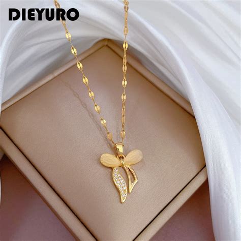 Dieyuro 316l Stainless Steel Bowknot Pendant Necklace For Women New